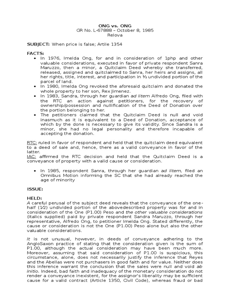 Ong vs. Ong (Digest) | PDF | Annulment | Consideration