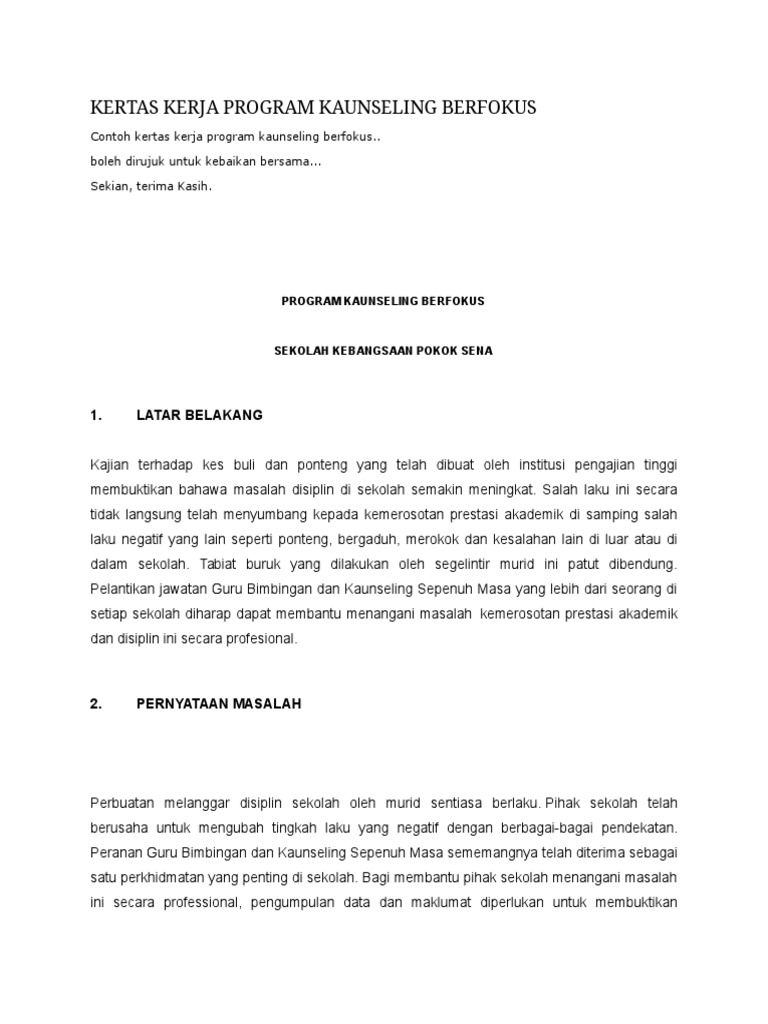 Kertas Kerja Program Kaunseling Berfokus | PDF