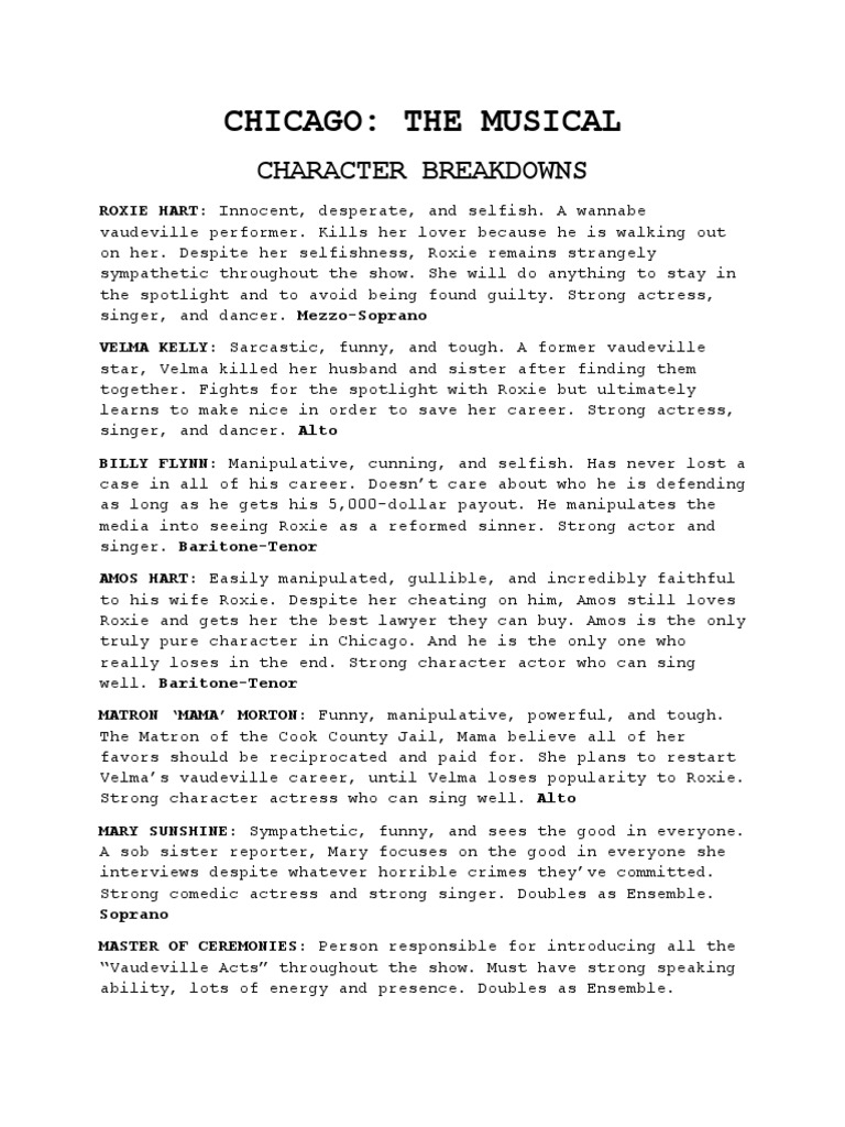 Chicago - Character Breakdowns | PDF | Leisure | Crime Thriller
