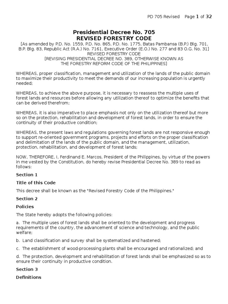 Presidential Decree No. 705 Revised Forestry Code: Section 1 Title of This Code | PDF | Forests ...