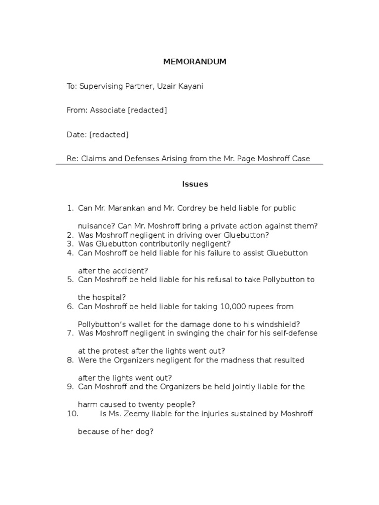Memorandum Answer Sample | PDF | Conversion (Law) | Negligence