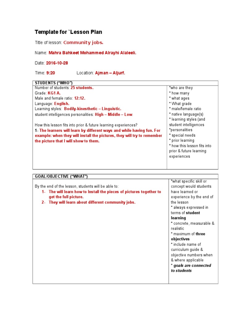 Template For 'Lesson Plan: Title of Lesson: Name: Date: Time: Location ...