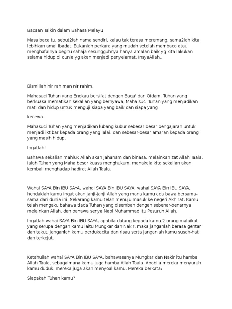 Bacaan Talkin Jenazah Melayu | PDF | Agama & Spiritualitas
