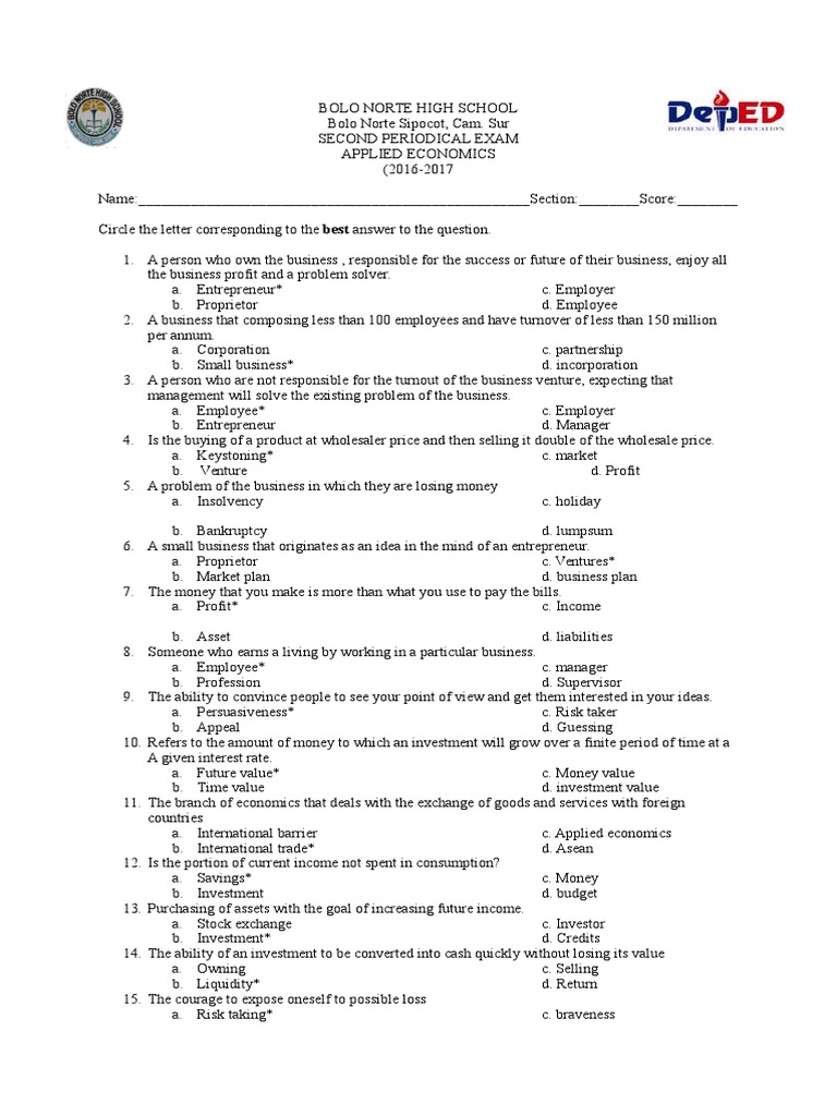 Applied Economics Exam: Identifying Key Business and Economic Concepts ...