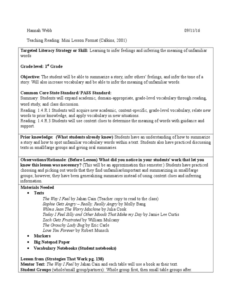 1st Grade Reading Mini Lesson Plan | PDF | Reading (Process) | Vocabulary