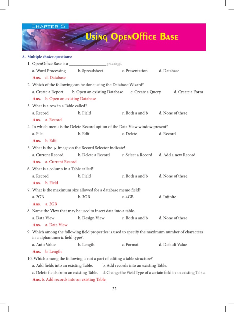 Using Openoffice Base: A. Multiple Choice Questions | PDF | Table ...