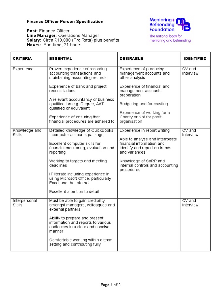 Finance Officer Person Specification | PDF | Business | Finance & Money ...