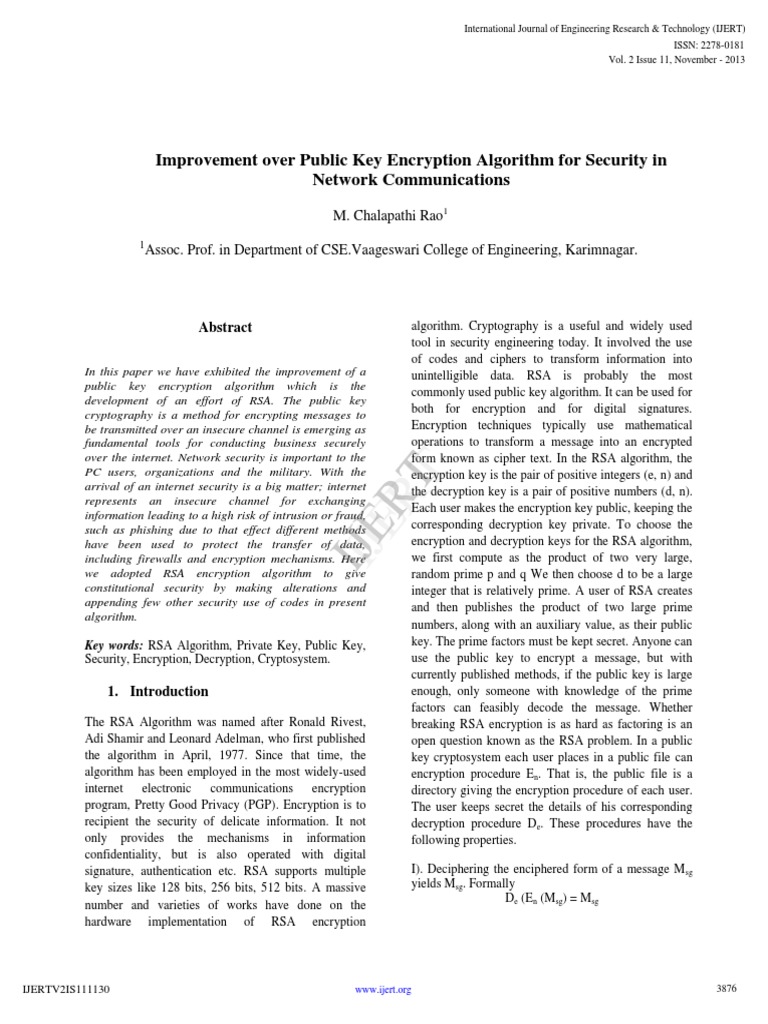 Ijert Ijert: Improvement Over Public Key Encryption Algorithm For Security in Network ...