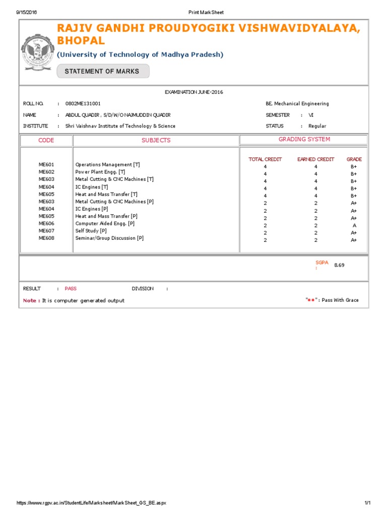 Final Year Mechanical Engineering Marksheet | PDF