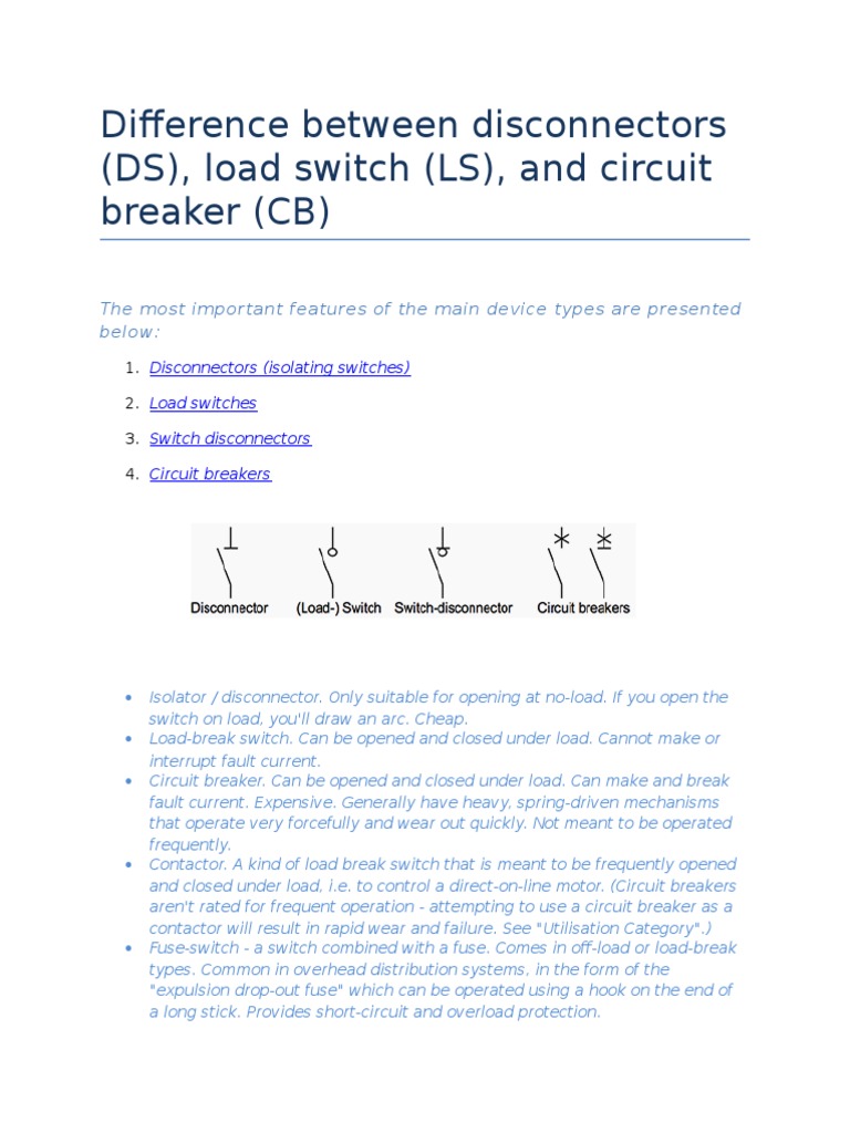 Difference Between Disconnectors (DS), Load Switch (LS), and Circuit Breaker (CB) | PDF ...