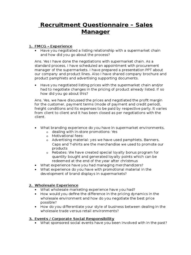 Sales Manager Questionnaire | PDF | Supermarket | Sales