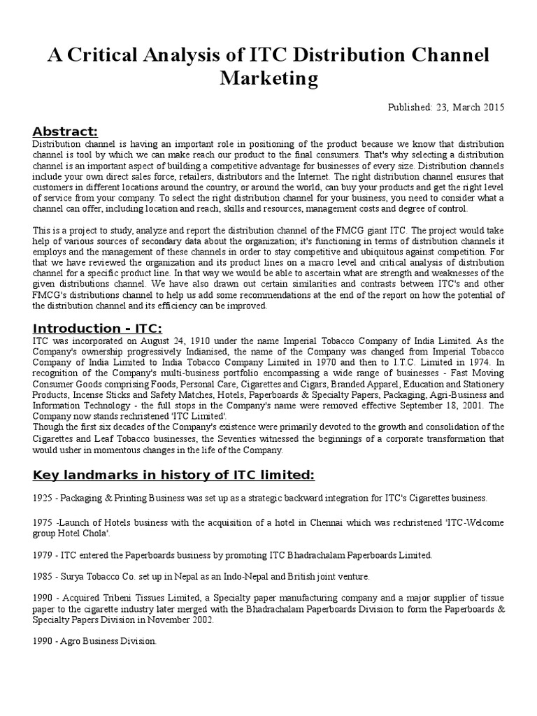 A Critical Analysis of ITC Distribution Channel Marketing | PDF ...