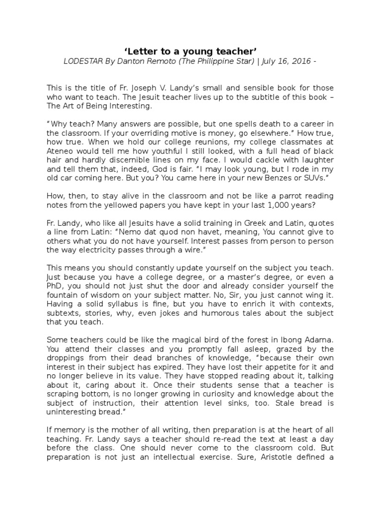 Letter to a Young Teacher | Classroom | Teaching And Learning | Free 30 ...