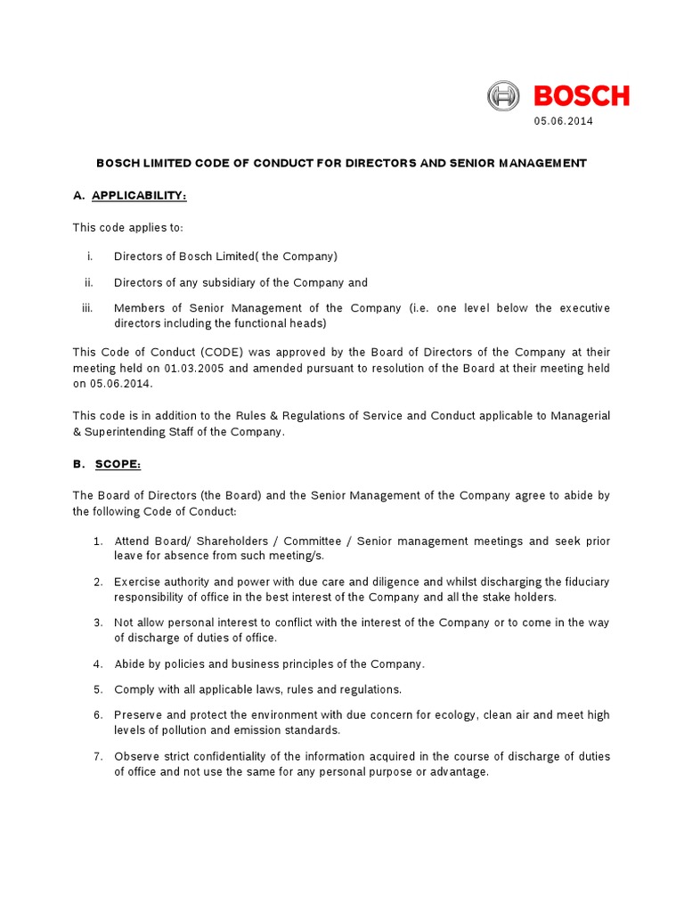 Code of Conduct | PDF | Board Of Directors | Employment