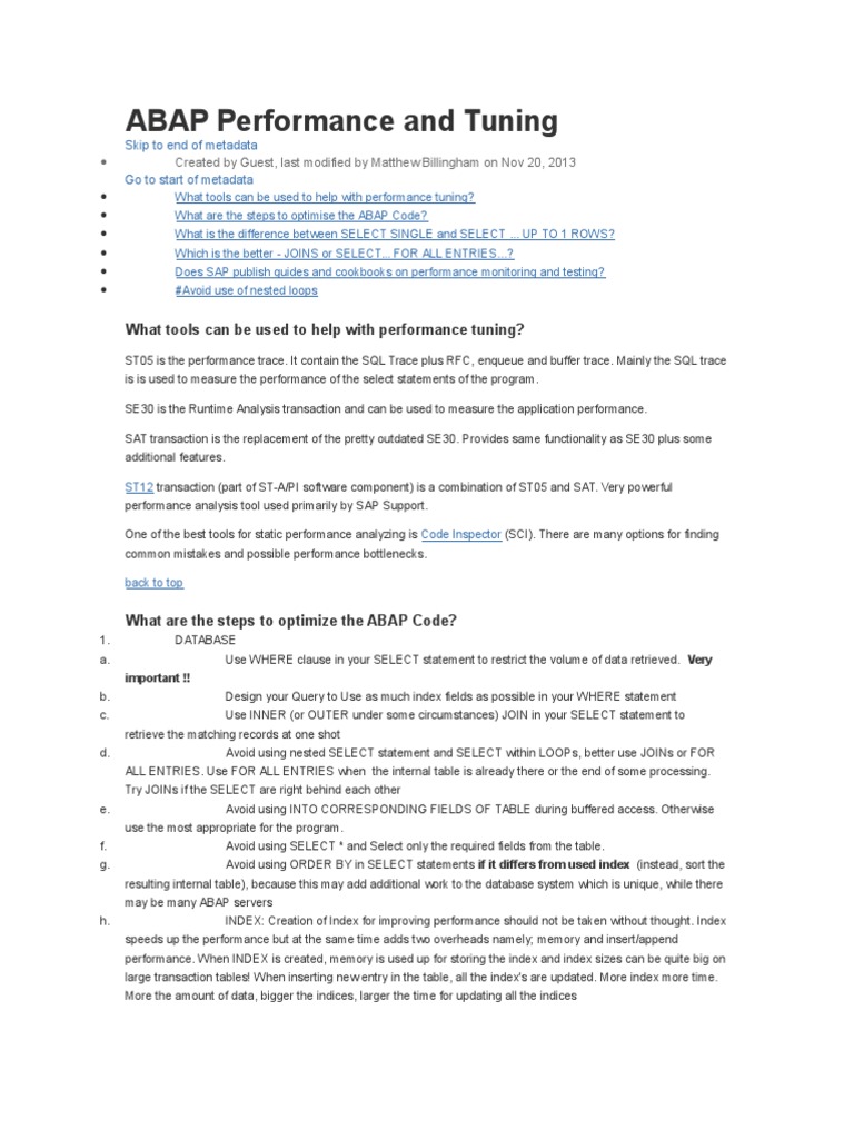ABAP Performance and Tuning | PDF | Database Index | Databases ABAP Performance and Tuning | PDF | Database Index | Databases