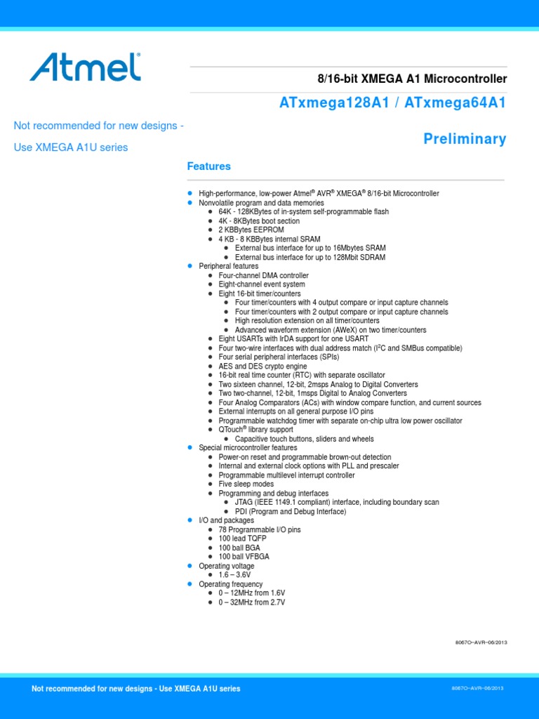 Atmel 8067 8 and 16 Bit Avr Microcontrollers Atxmega64a1 Atxmega128a1 ...