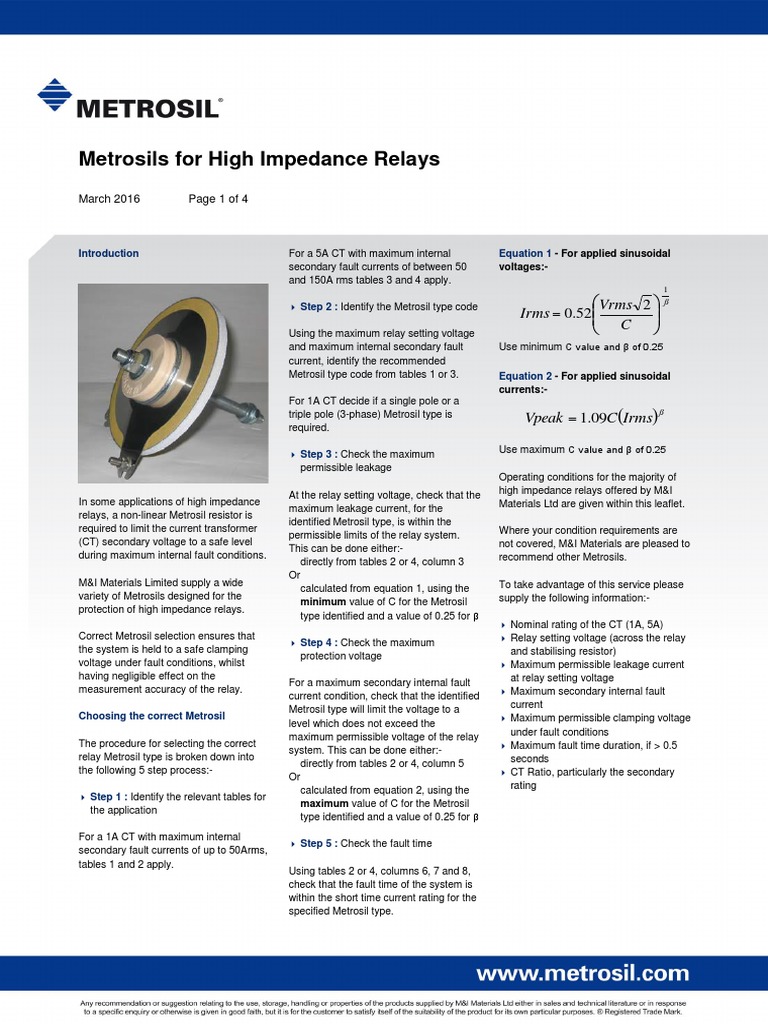 Metrosils For High Impedance Relays | PDF | Electrical Impedance | Relay