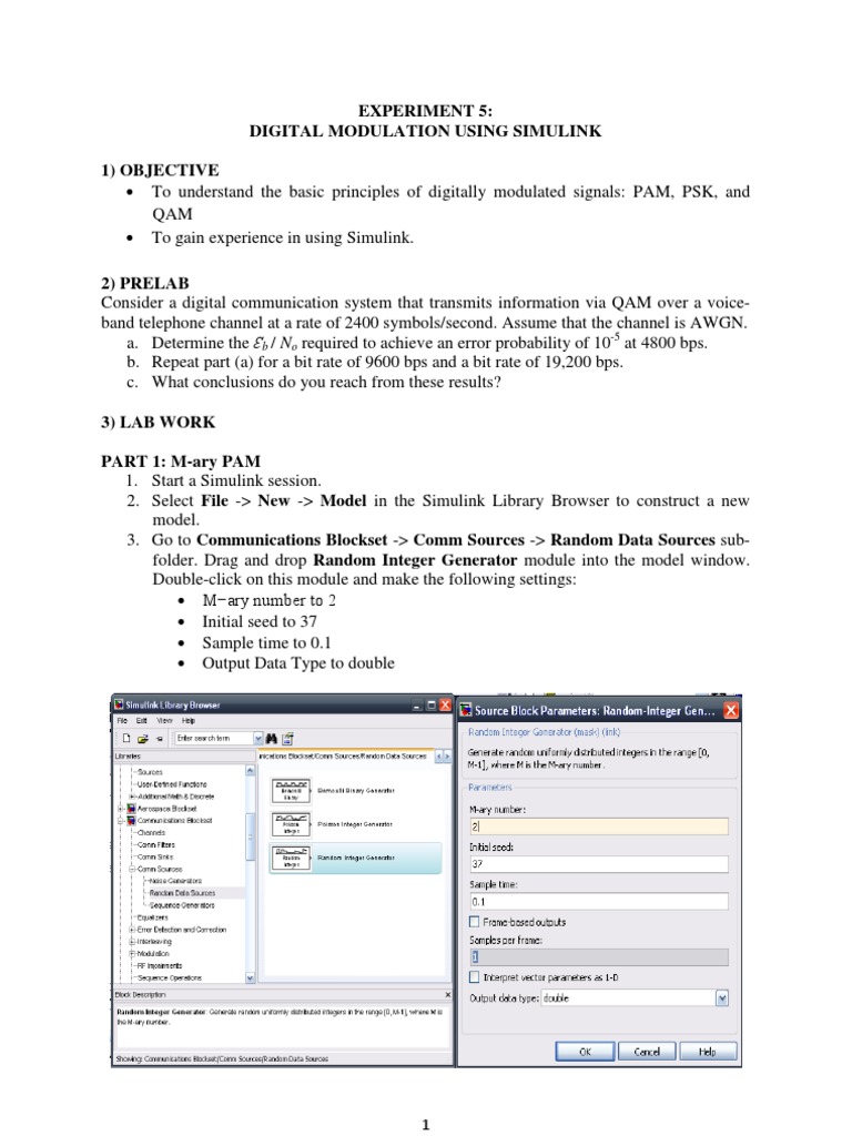 Eem496 Communication Systems Laboratory Experiment 5 Digital Modulation Using Simulink Pdf