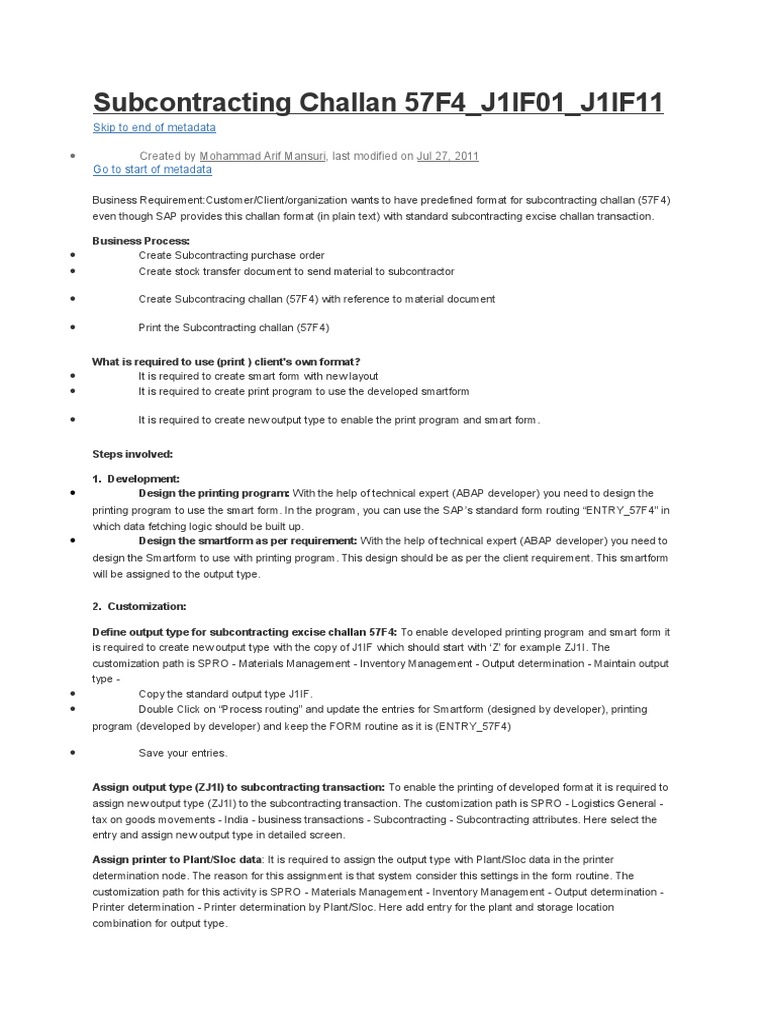 Custom Subcontracting Challan 57F4 Format | PDF | Input/Output | Computing