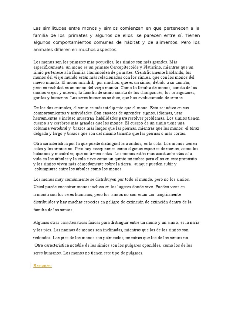 Simios y monos: diferencias clave | PDF | Mono | Mamíferos