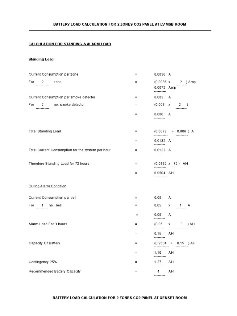 Battery Load Calculation For 2 Zones Co2 Panel at LV MSB Room | PDF ...
