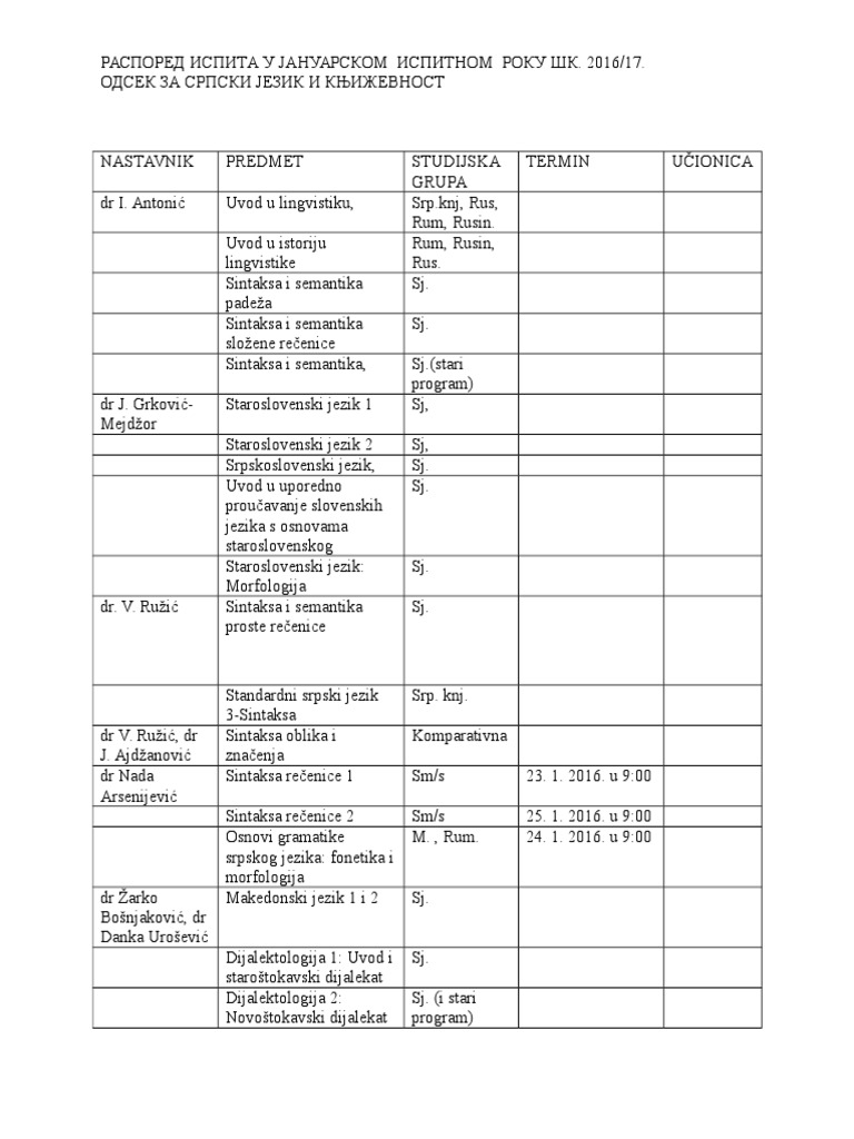 Srpski Jezik Tabela Osnovne Studija | PDF