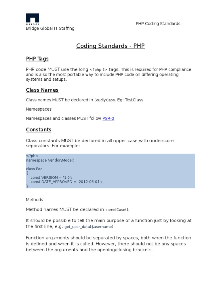 Coding Standards Php Pdf Php Bracket