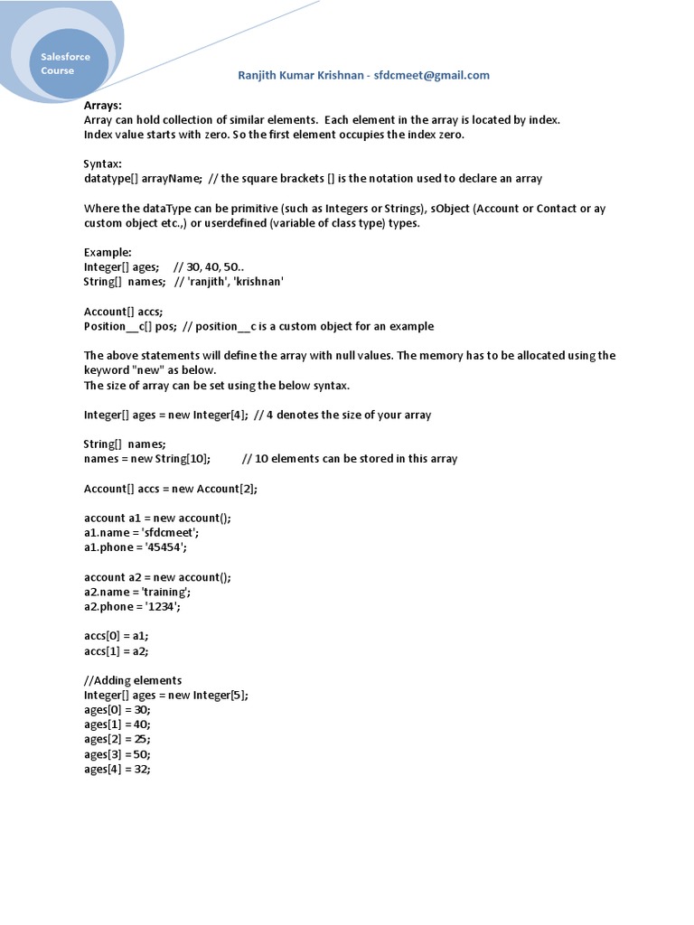 Arrays in Salesforce Apex | PDF | Array Data Type | Array Data Structure Arrays in Salesforce Apex | PDF | Array Data Type | Array Data Structure