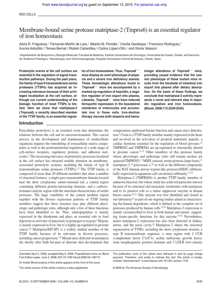 Membrane-Bound Serine Protease Matriptase-2 (Tmprss6) Is An Essential ...