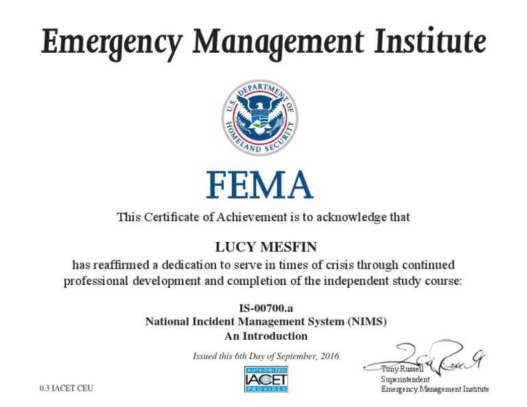 Fema Certificate 700a 1 | PDF | Emergency Management Institute ...