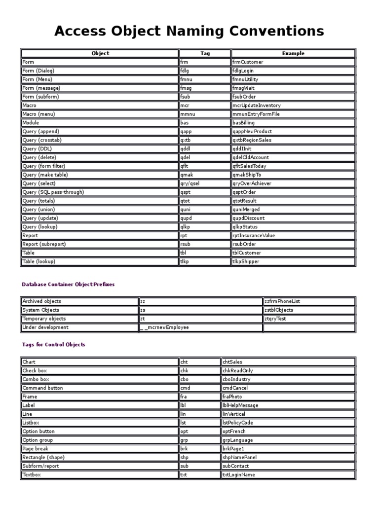 Access Object Naming Conventions | Application Software | Software ...