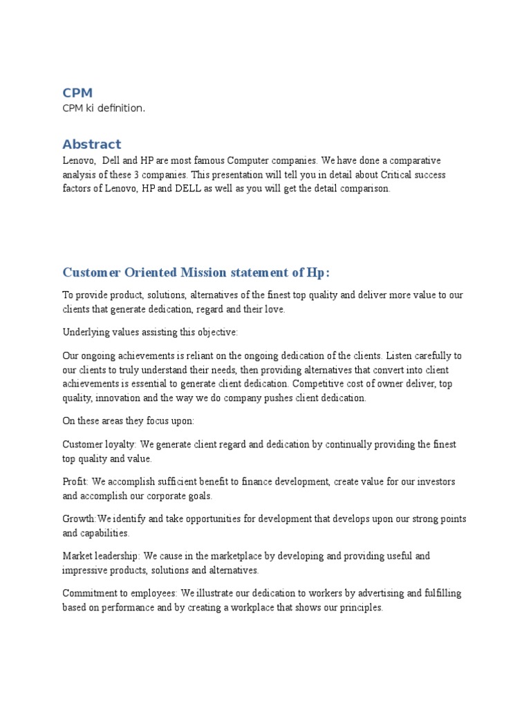 Customer Oriented Mission Statement of HP:: CPM Ki Definition | PDF ...