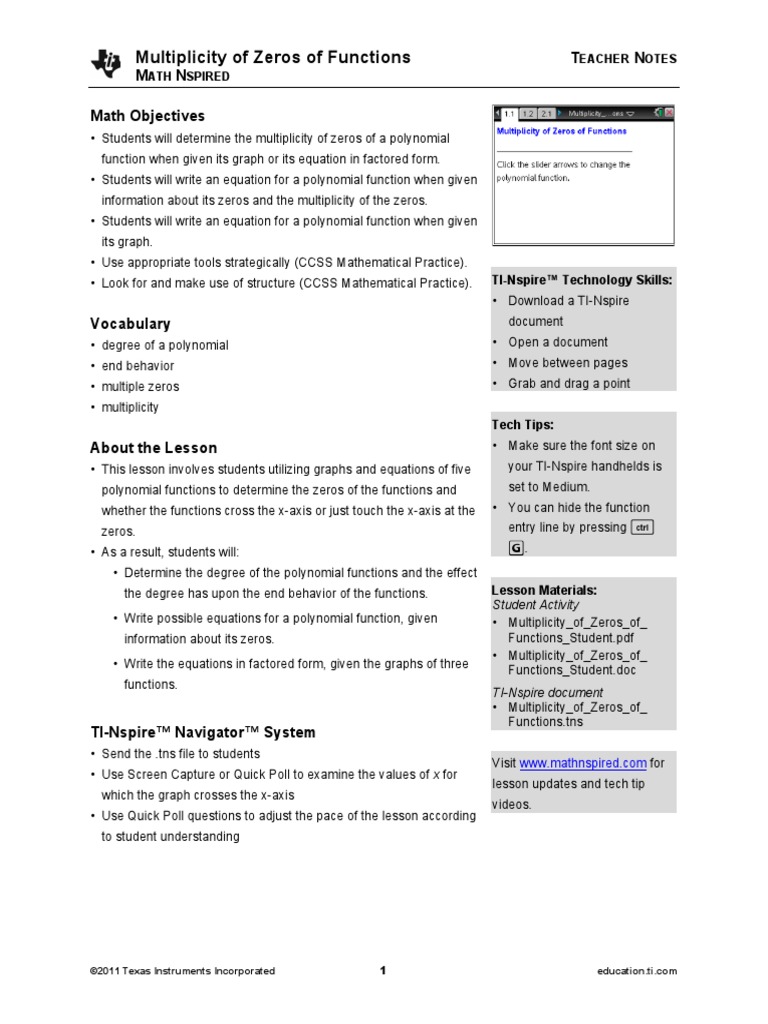 Multiplicity of Zeros of Functions Teacher | PDF | Polynomial | Zero Of ...
