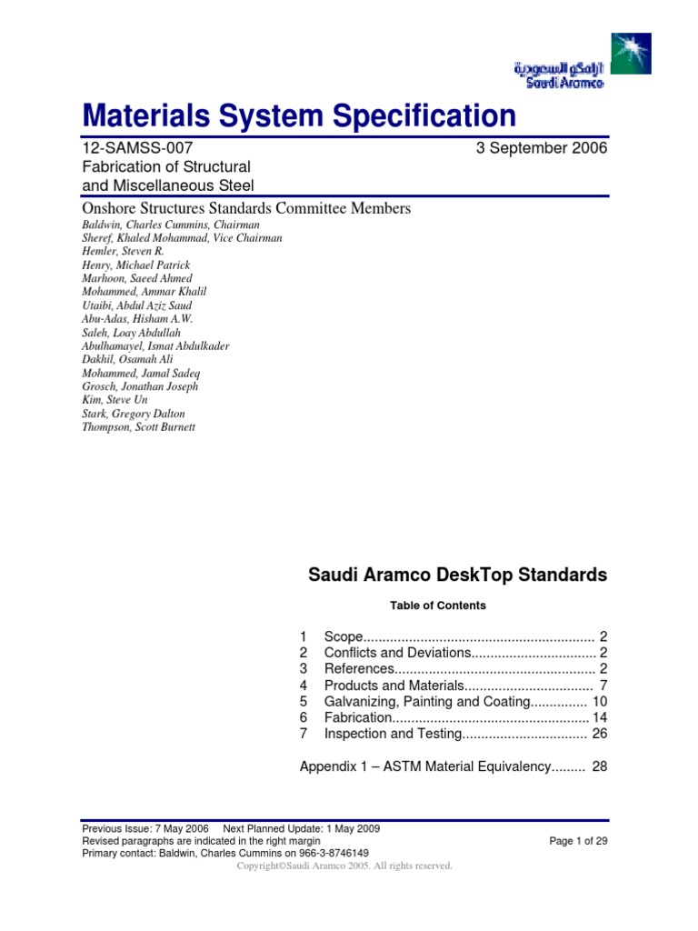 12-SAMSS-007 Fabrication Structural Miscellaneous Steel 2006 | PDF | Galvanization | Screw
