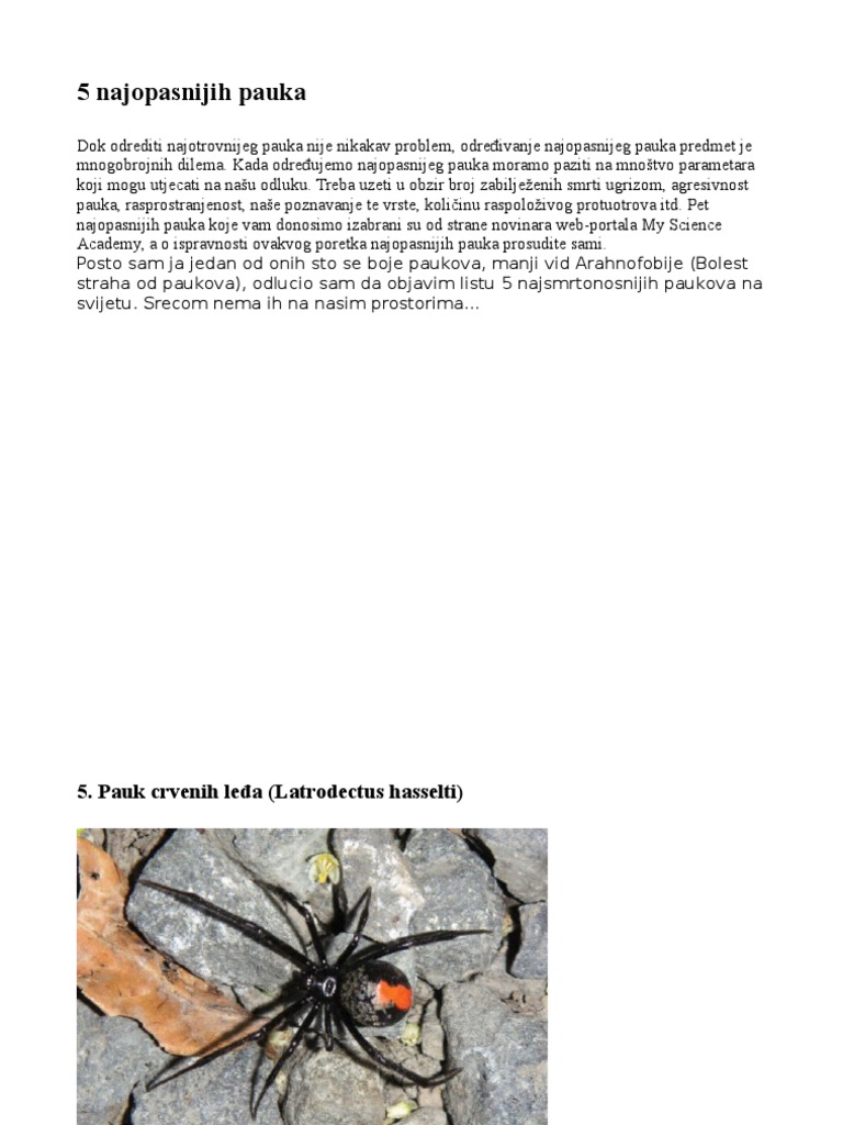 5 Najopasnijih I Najotrovnijih Pauka | PDF