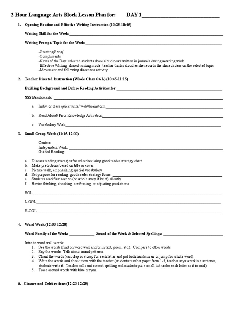 2 Hour Language Arts Block Lesson Plan For: DAY 1 | PDF | Reading ...