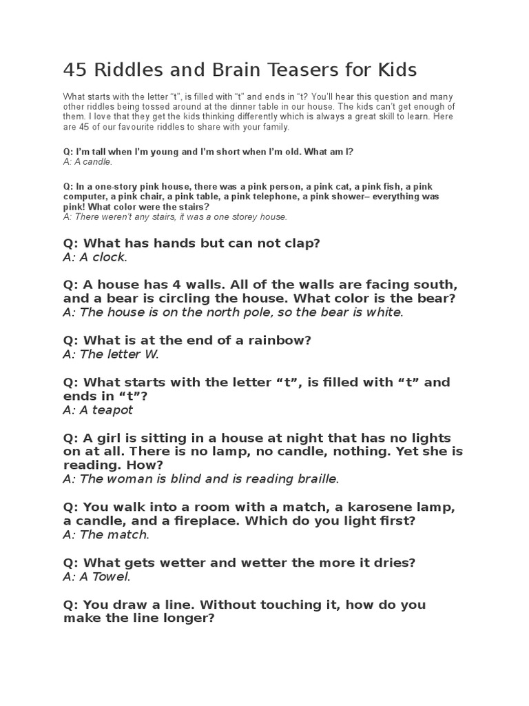 45 Riddles and Brain Teasers For Kids | PDF