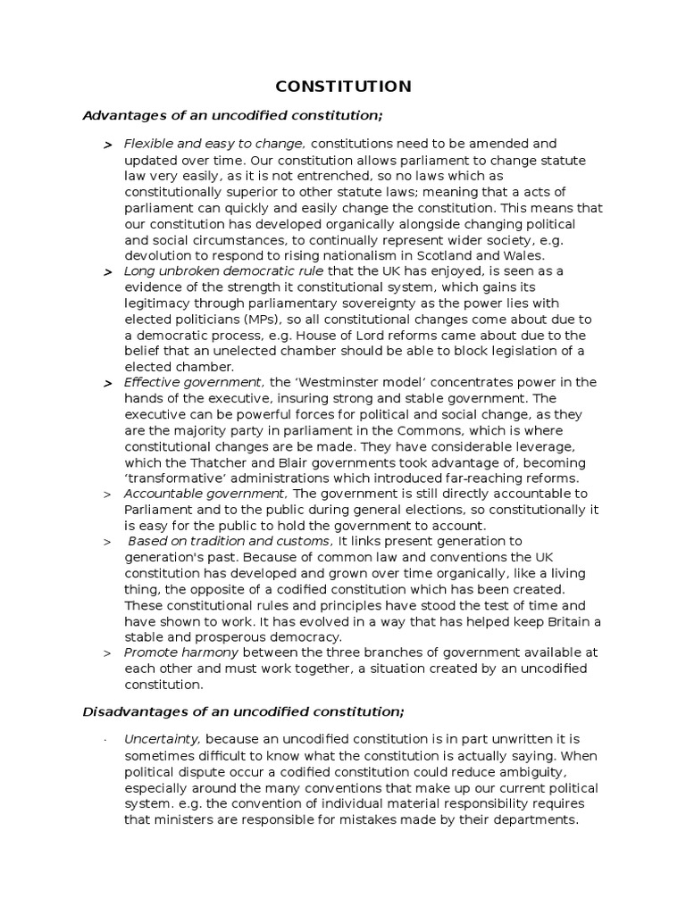 Constitution: Advantages of An Uncodified Constitution | PDF