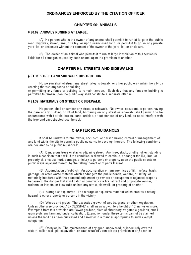 Ordinances Enforced by The Citation Officer Chapter 90: Animals | PDF ...