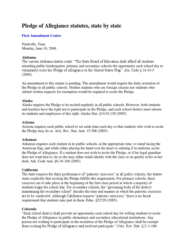 Pledge of Allegiance Statutes by State | PDF | Pledge Of Allegiance ...