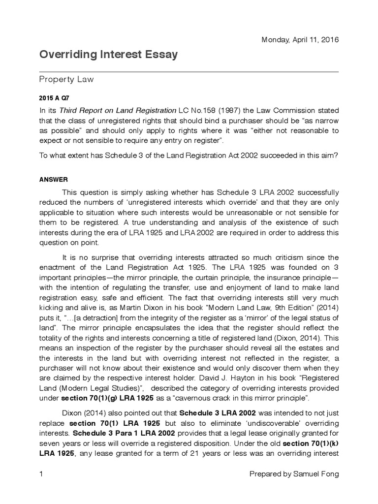 Overriding Interest Essay PDF | PDF | Leasehold Estate | Lease