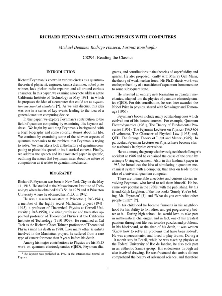 Feynman on Quantum Computing Insights | PDF | Quantum Entanglement ...