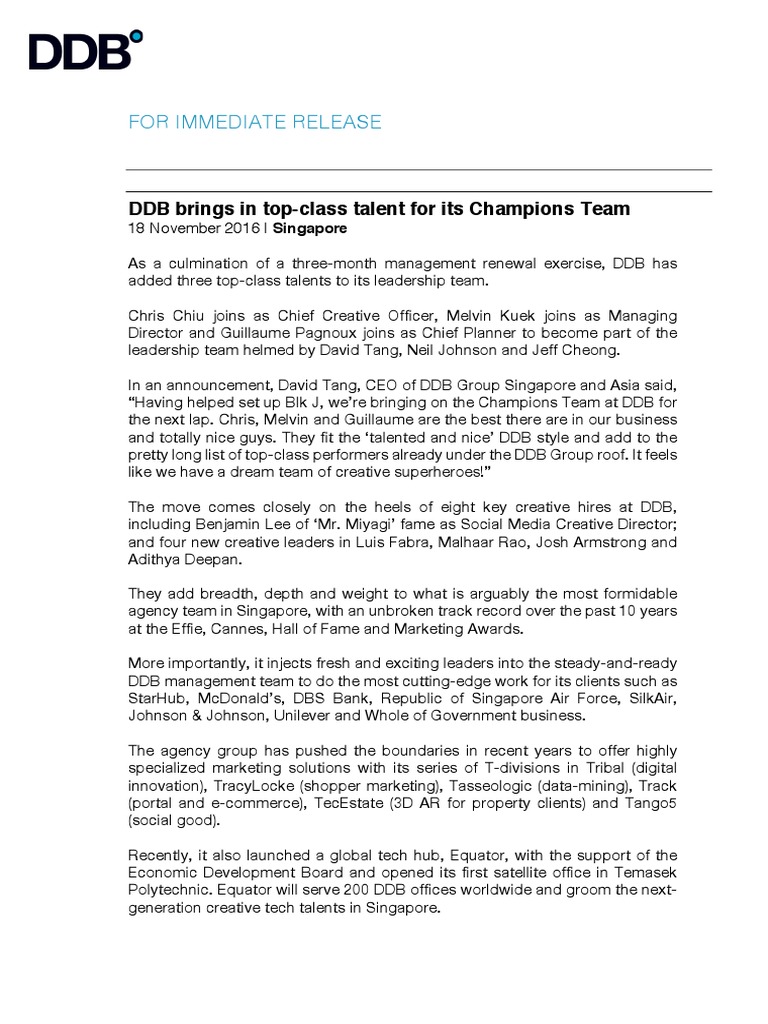 DDB Brings in Top-Class Talent For Its Champions Team | PDF | Promotion ...