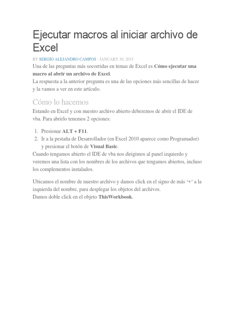 Ejecutar Macros Al Iniciar Archivo de Excel | PDF | Macro (informática) | Microsoft Excel