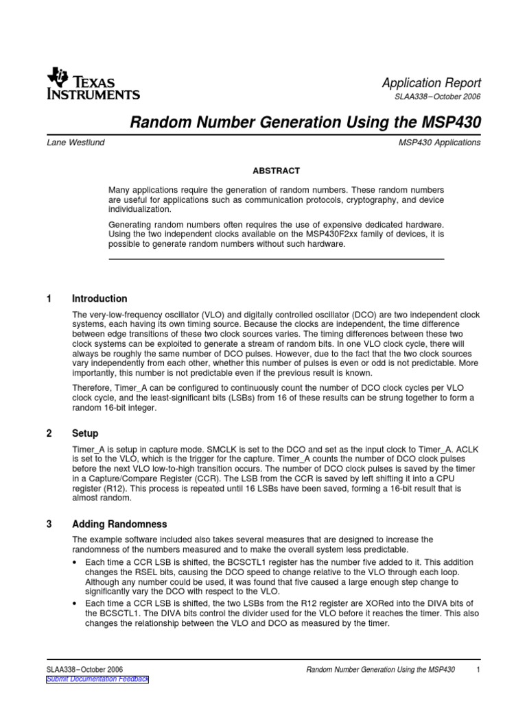 Random Number Generation Using The MSP430 | PDF | Randomness | Electronics