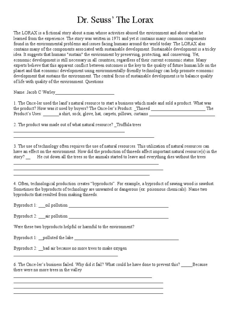 The Lorax Video Questions For Sustainable Architecture | PDF ...