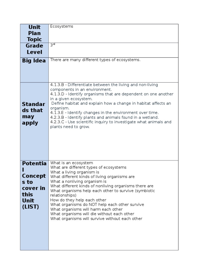 Unit Plan Topic Grade Level Big Idea | PDF