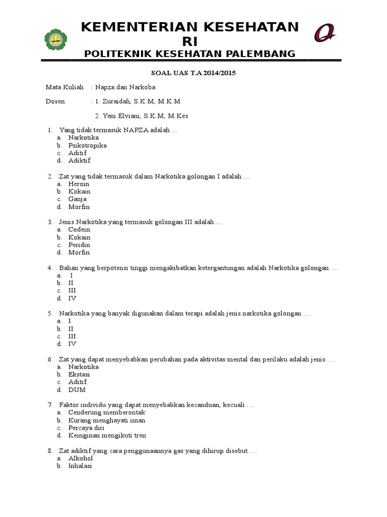 Soal UAS Napza dan Narkoba 2014/2015 | PDF