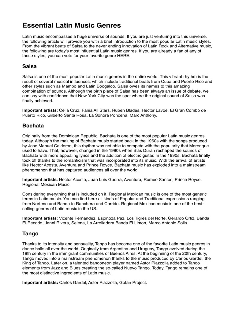 Overview of Latin Music Genres | PDF | Tango | Spanish Language Music