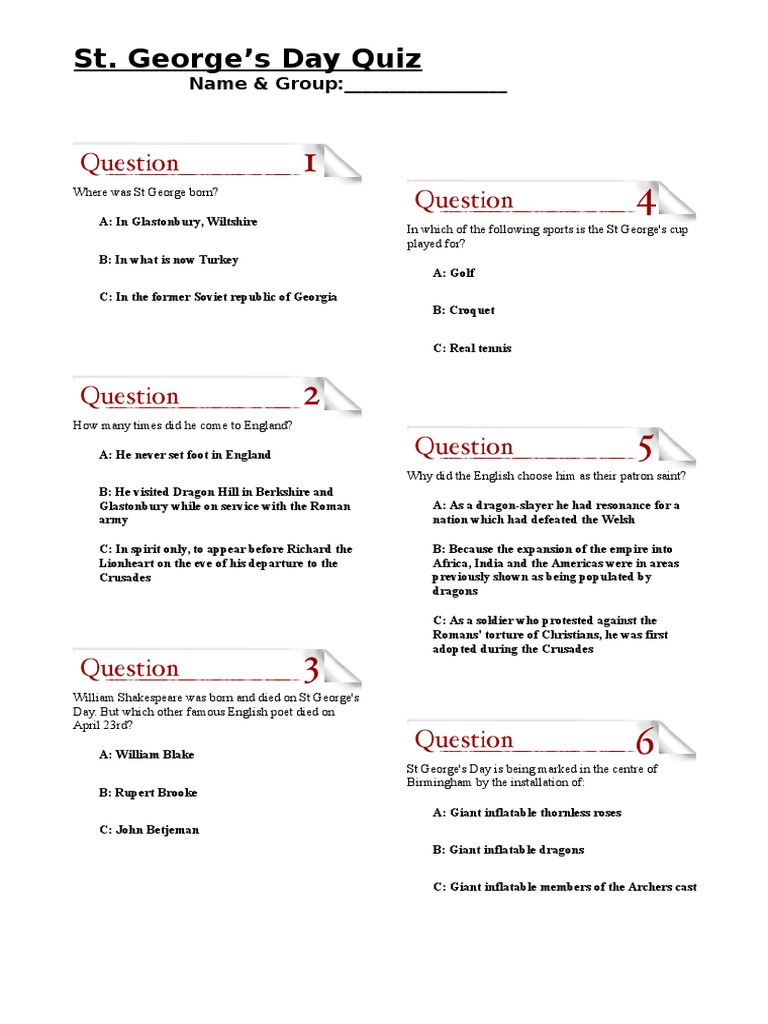 St. George's Day Quiz: Name & Group | PDF | Travel